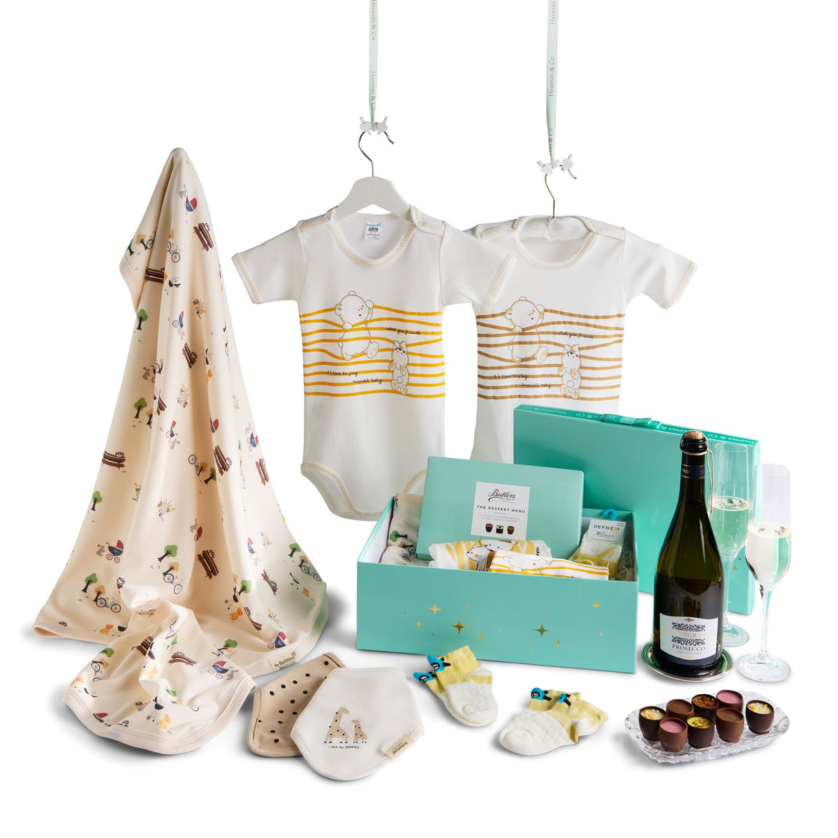 Gender Neutral Baby Hamper with Prosecco – Hampers & Co